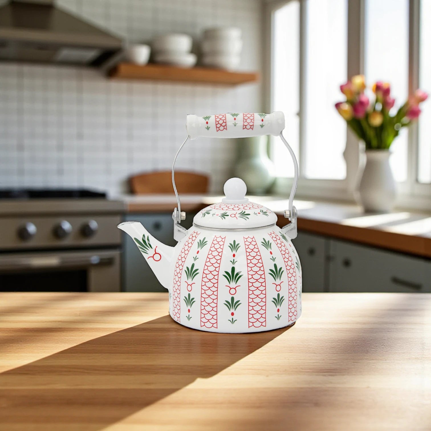 Handcrafted Enamel Kettle with Floral & Scallop Design – Decorative Tea ...