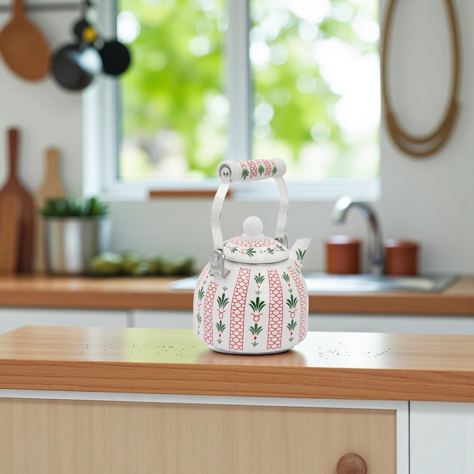 Handcrafted Enamel Kettle with Floral & Scallop Design – Decorative Tea ...